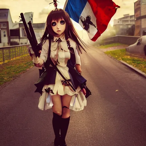 anime girl marching on a pavement road with a flag and | Stable Diffusion