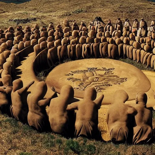 Neolithic humans praying to a giant golden baby seal, | Stable ...