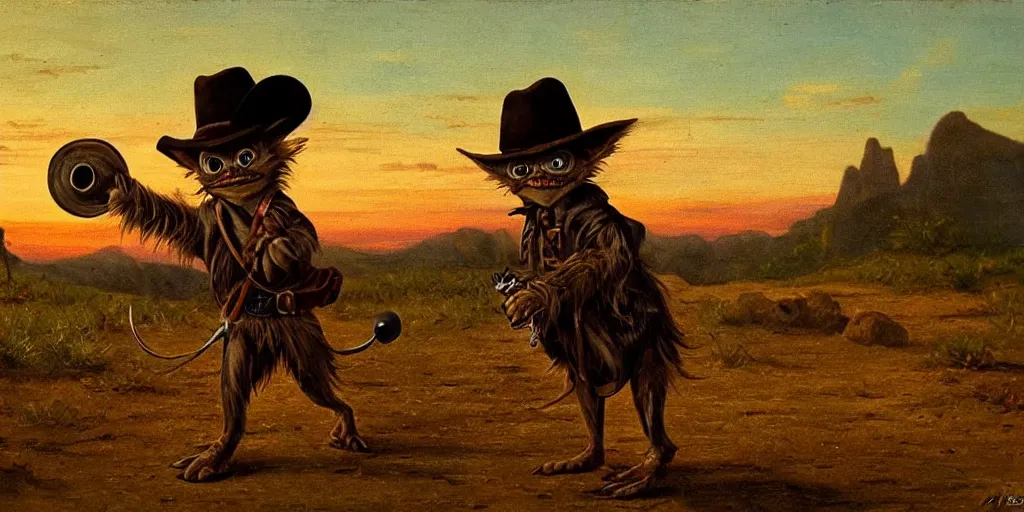 Gizmo the gremlin as a cowboy walking in the wild west | Stable Diffusion
