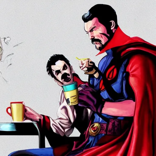 Dr strange is drinking coffee sitting next to deadpool | Stable ...