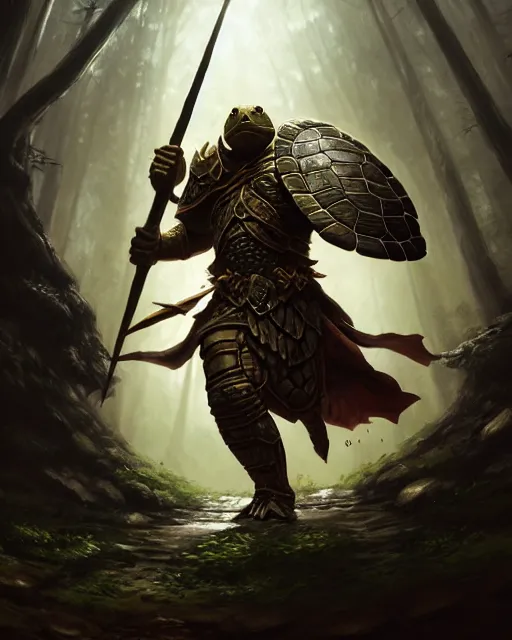 Turtle Warrior holding huge shield, forest background, | Stable Diffusion