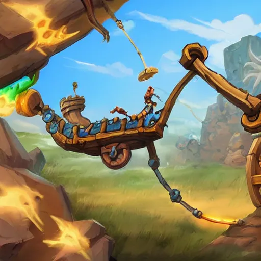 a sling catapult, rocks flying, cart wheels, fantasy | Stable Diffusion ...