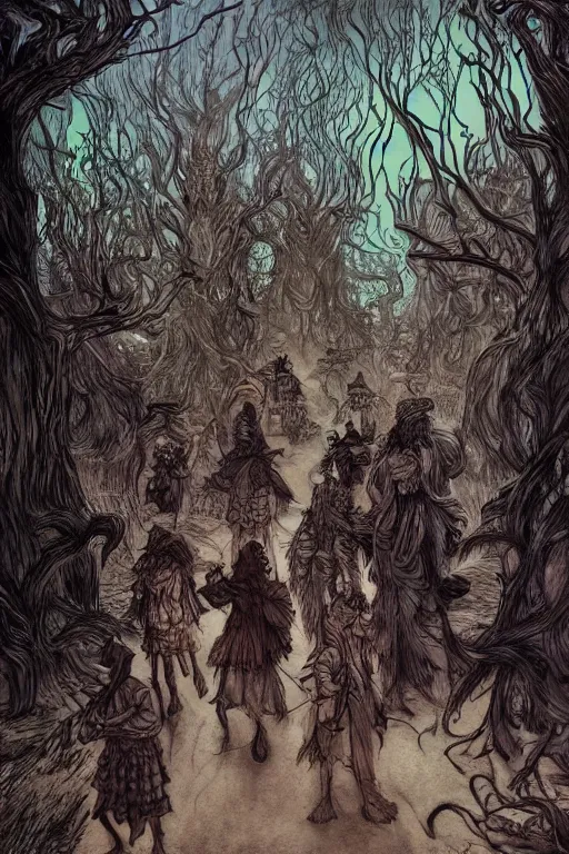 group of treefolk merchant nomads walking through a | Stable Diffusion ...