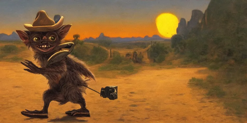 Gizmo the gremlin as a cowboy walking in the wild west | Stable Diffusion
