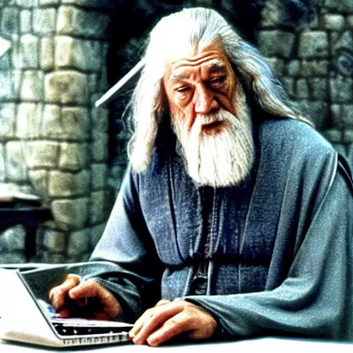 Gandalf using a computer in Minas Tirith's library to | Stable ...