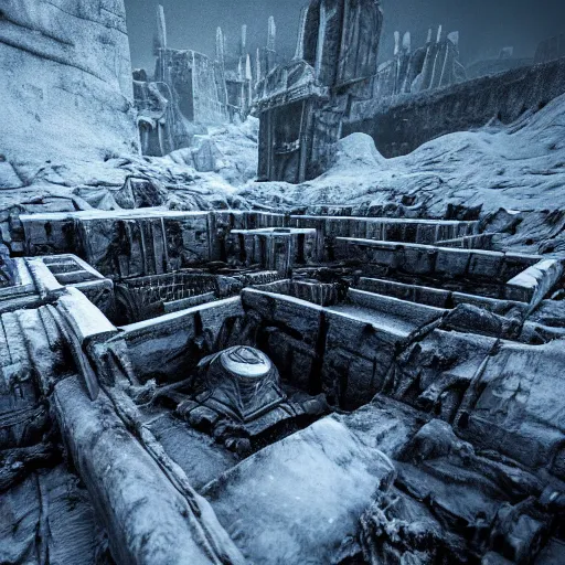 buried ancient sci-fi structures, archeologist, snow | Stable Diffusion