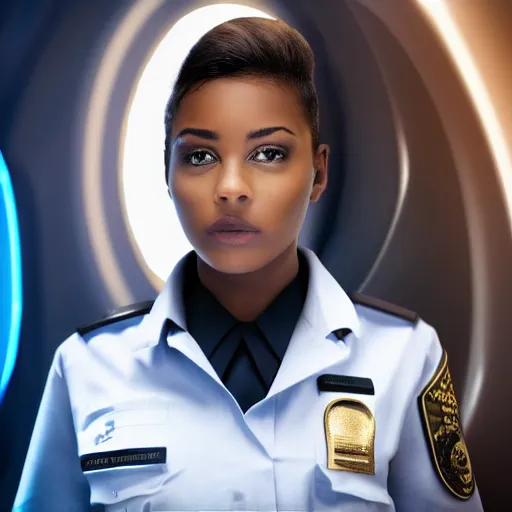 a futuristic female security guard with brown skin and | Stable Diffusion