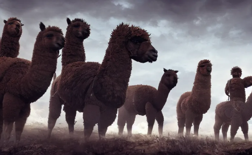 four men riding alpaca during the apocalypse, gloomy | Stable Diffusion ...