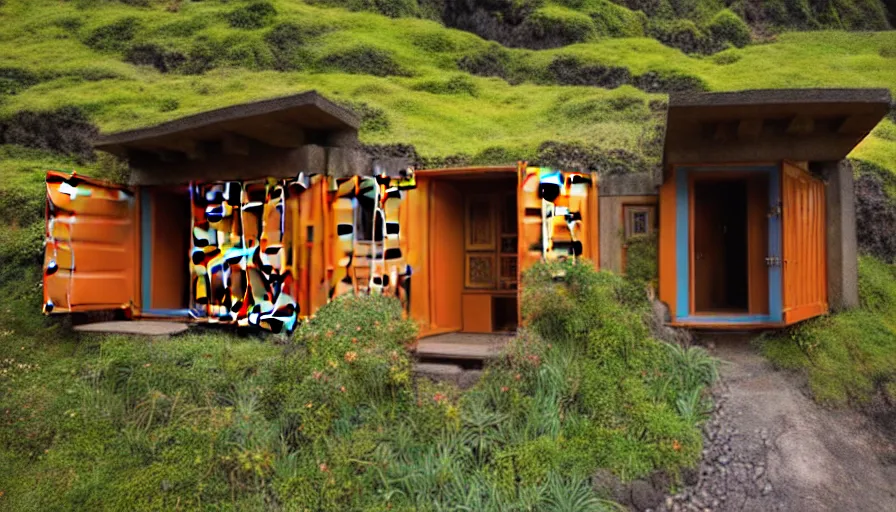 hobbit monastery on hawaii, shipping container | Stable Diffusion