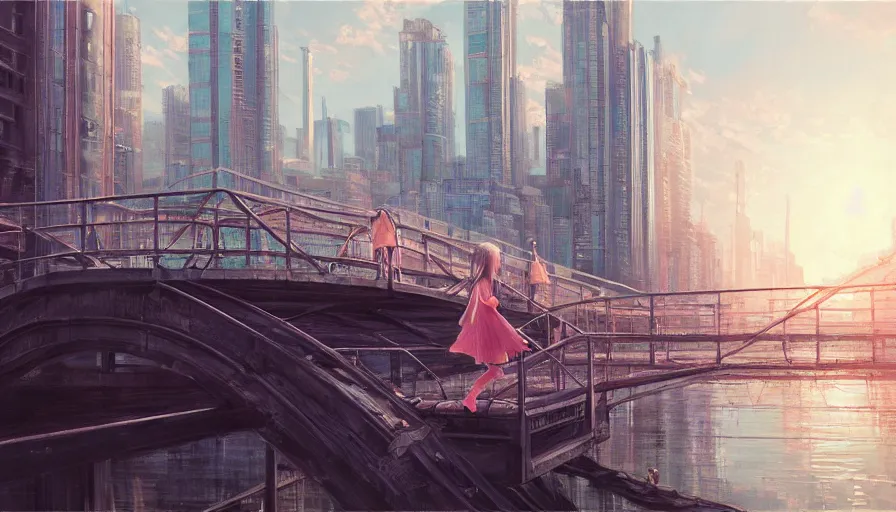 a girl is standing on a bridge over a body of water, a | Stable ...