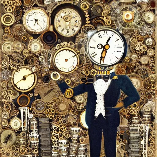 a butler made of clocks and cogs holding a plate of | Stable Diffusion