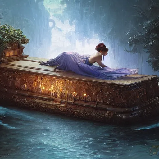 an elaborate floating coffin with a mysterious woman | Stable Diffusion ...