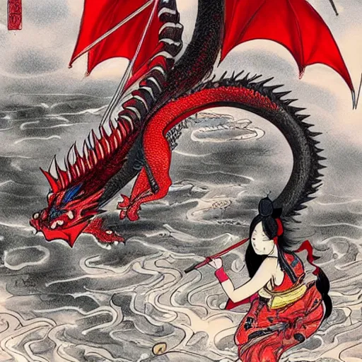 great red bloody dragon goes against samurai and a | Stable Diffusion ...