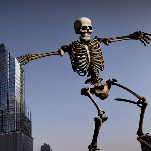 large human skeleton climbing side of a ( ( skyscraper | Stable ...