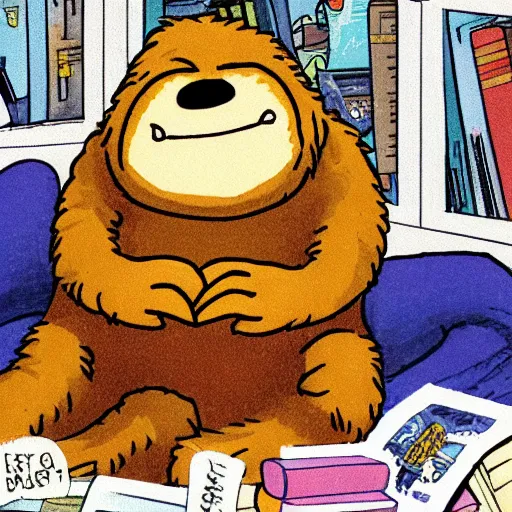 sloth, wearing diaper, sitting on couch, beside pile | Stable Diffusion