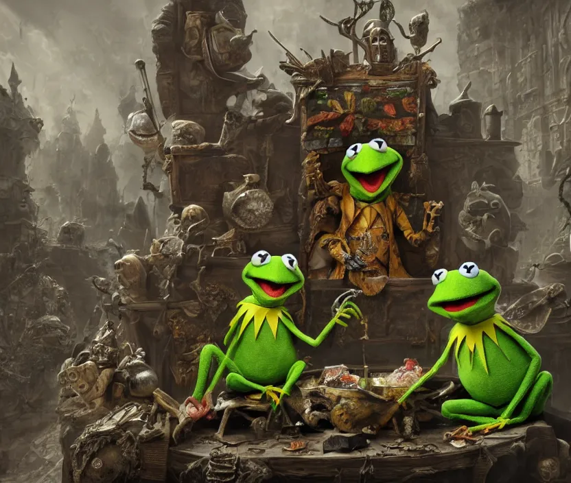 Kermit the Frog, sitting on a throne of skeletons, a | Stable Diffusion ...
