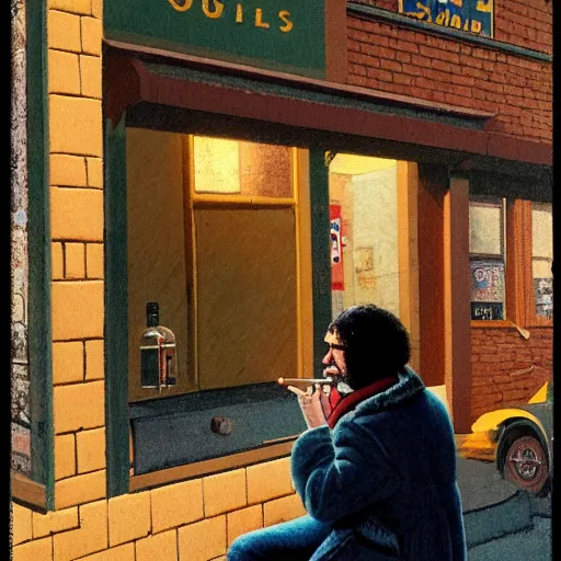 a hirsute broad man in a { denim shearling coat } sits | Stable ...