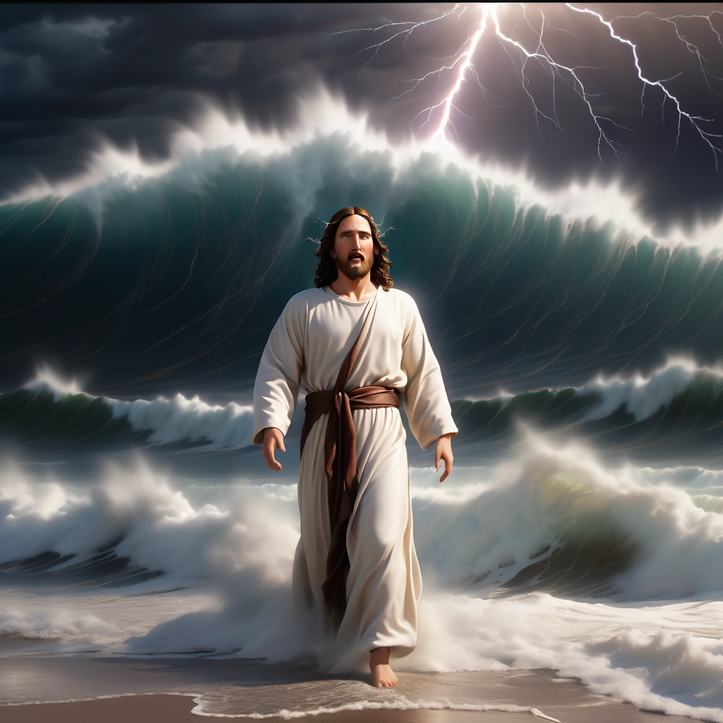 Jesus is clothed and on the horizon as a figure in t...