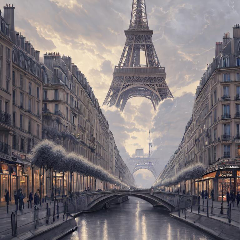 Hyperrealistic painting of paris, daytime, somber, 1...