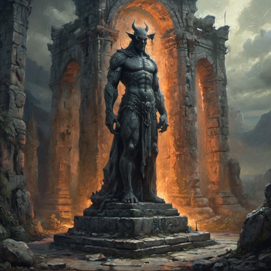 a tall stone statue on a pedestal of a devil, backgr...