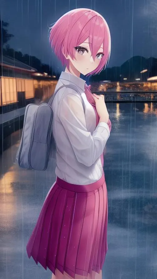 Girl with pink hair , night, anime, city, train, lan... | OpenArt