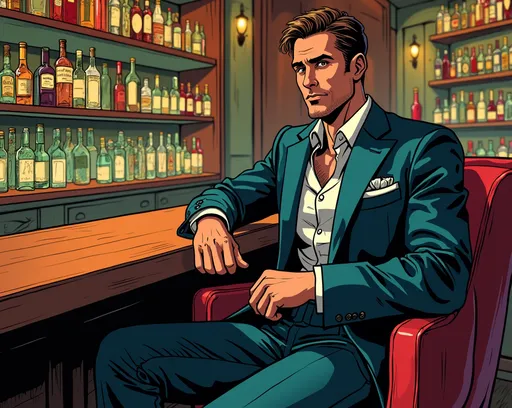 comic book style, a well dressed man sitting at a ni...