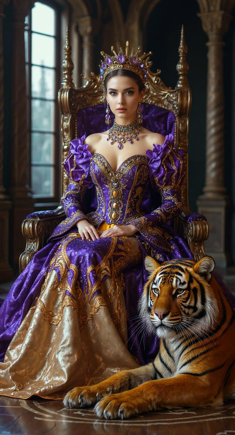 A majestic queen sitting on a luxurious golden thron...