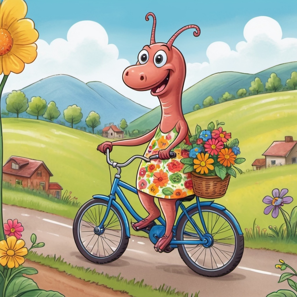 Draw a funny picture of an earthworm riding a bicycl...