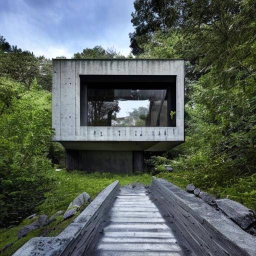 brutalist architecture home surrounded by nature | OpenArt