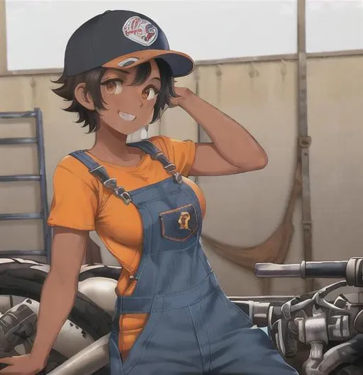 Female mechanic, overalls, white undershirt, grease...