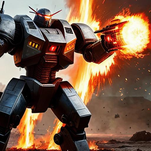 Giant robot with flaming sword, attack, extreme expl...