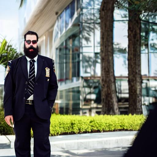 A security guard who has a beard and a suit.