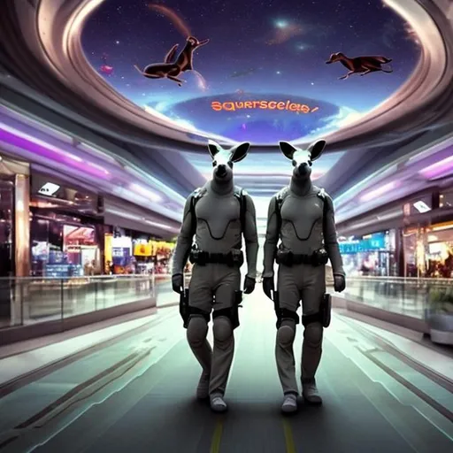 Kangaroo security guards in a busy alien mall, wides... | OpenArt