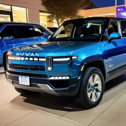 Rivian R1T in blue, in canberra city centre at night | OpenArt