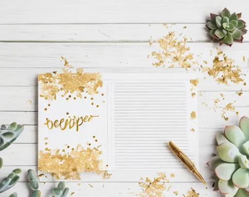 blank white card. gold flakes, pen, modern wood. gre...