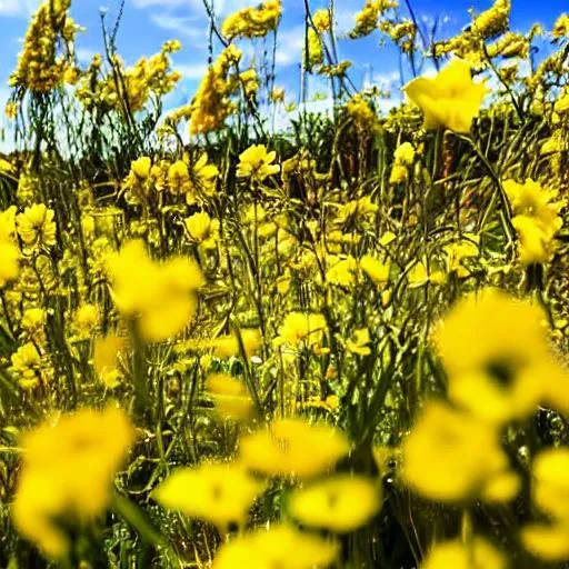 Beautiful sunny day, yellow flowers in a field, clos... | OpenArt