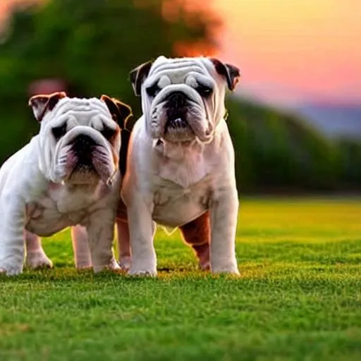 pretty bulldog puppies with a sunset | OpenArt
