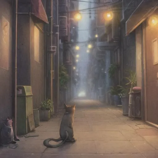 ghost cat in a spooky alley, style of Anton Pieck | OpenArt