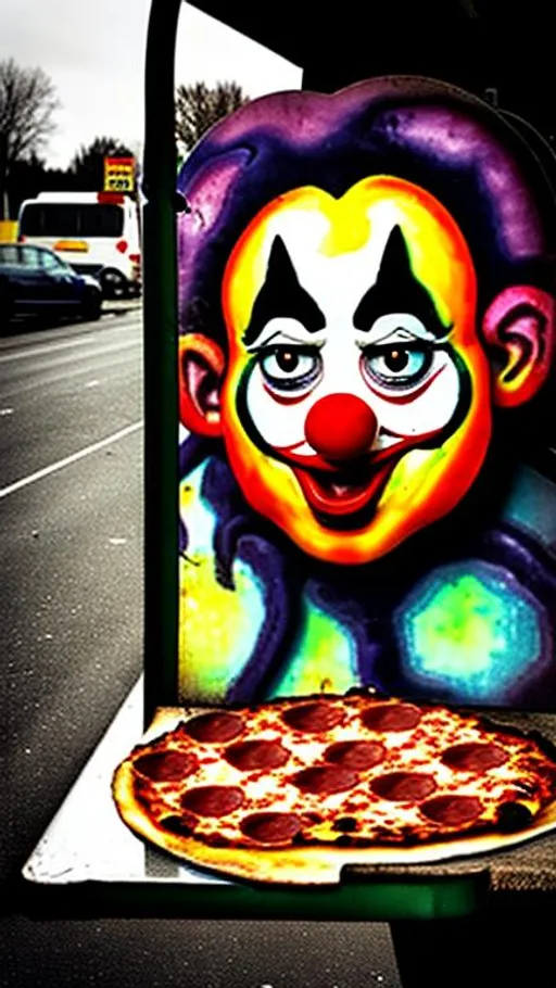 Sad pizza clown at a bus stop | OpenArt