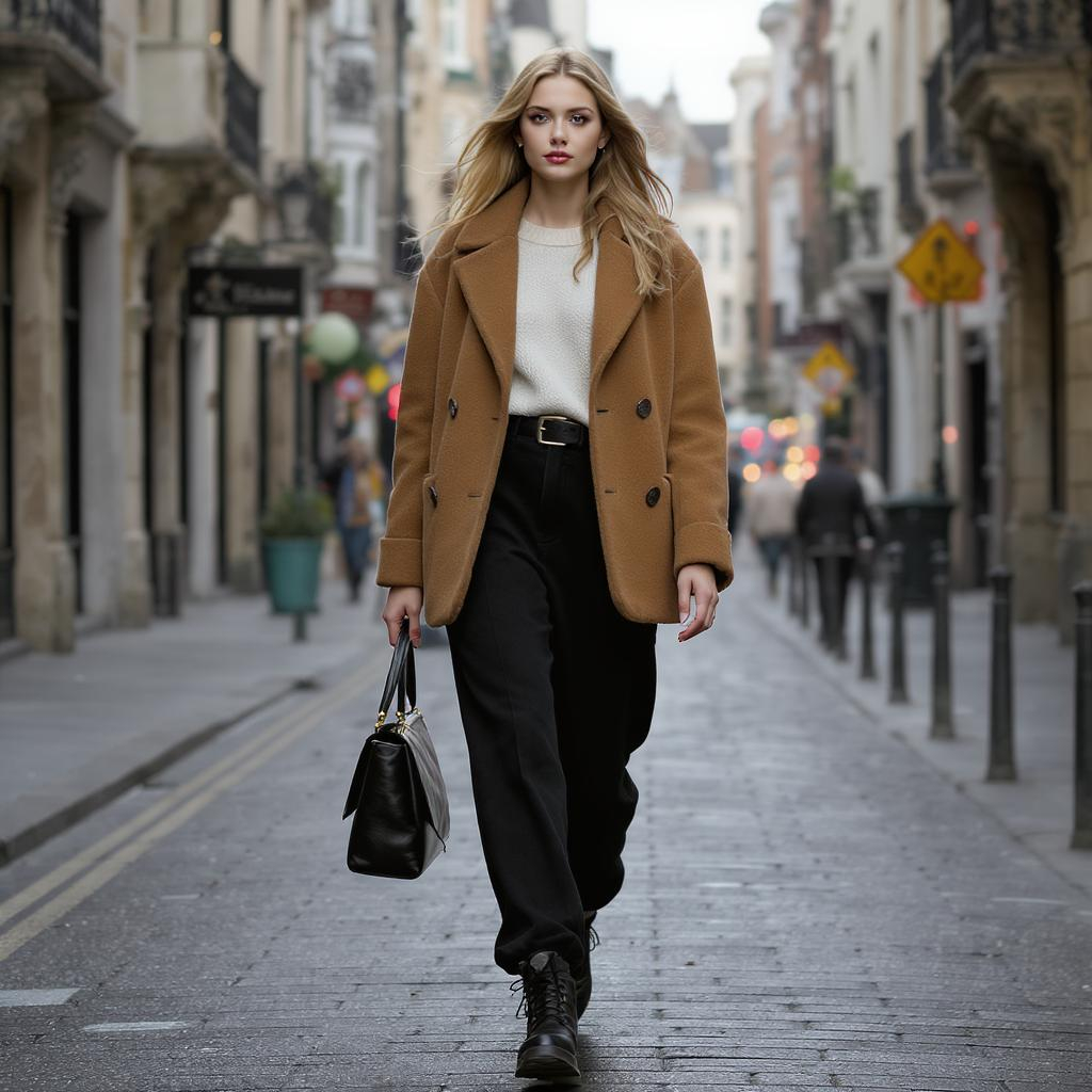 Tall young woman walking down the high street, detai...
