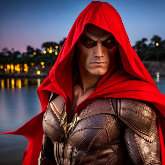 "red hood" from dc comics, near sea at sunset,