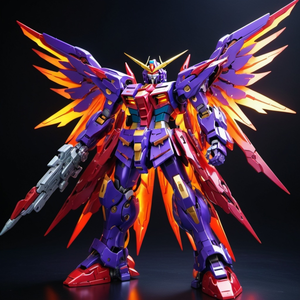 Devil gundam mech with wings of red and purple energ...