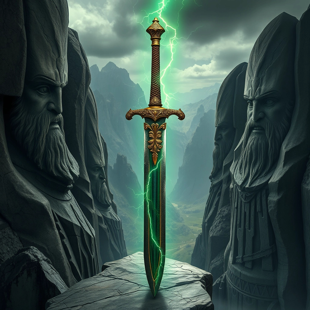 A magnificent ancient sword stands upright, seemingl...