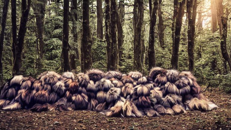 Photo of heap of furs in a forest glade, natural lig... | OpenArt