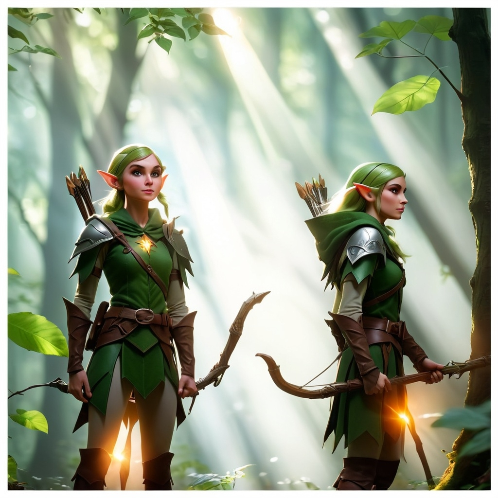 Elf ranger in a mystical forest around sunlight