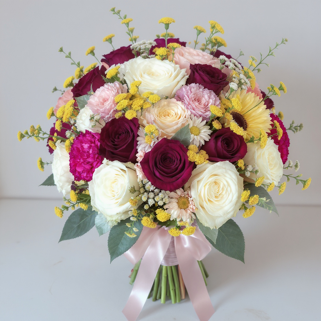 a bouquet that has rose, carnation, daisies, grenner...