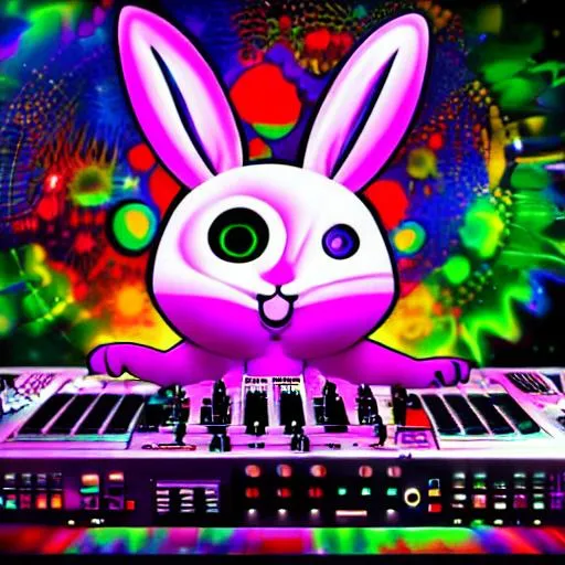 A psychedelic cartoon bunny with big eyes and cute s... | OpenArt