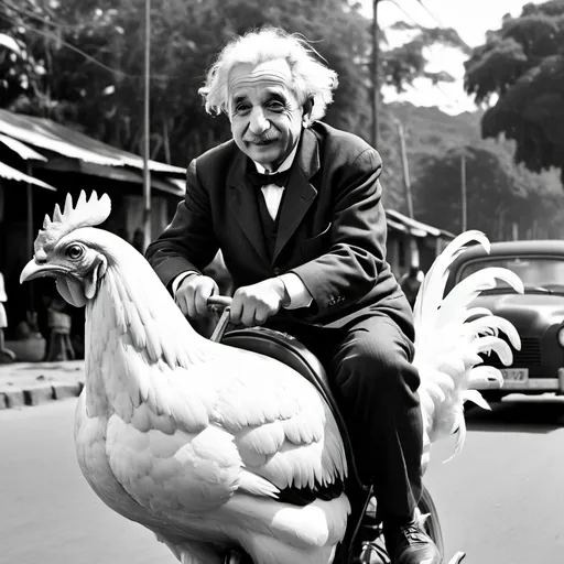 Albert Einstein riding on a big Chicken . Black and...