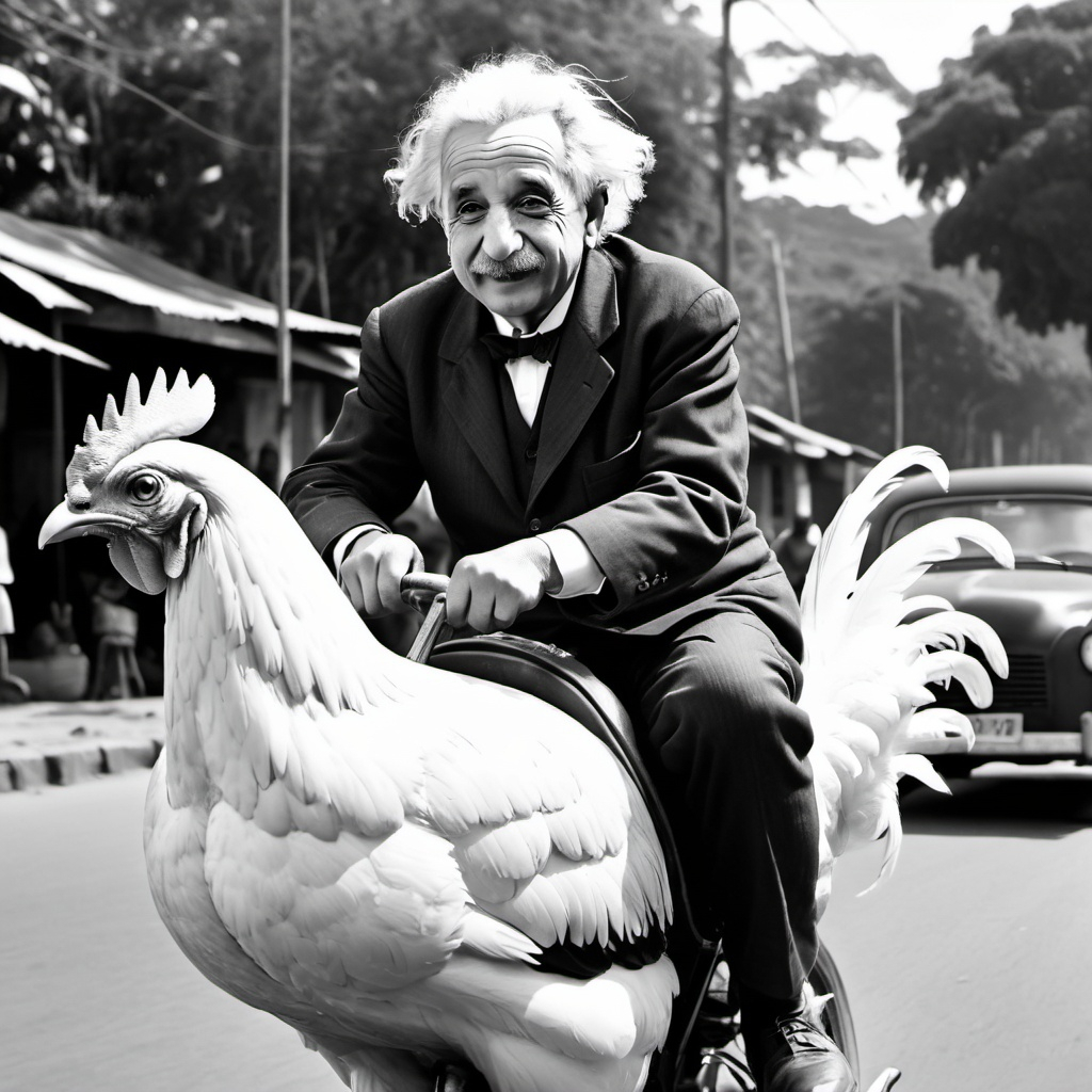 Albert Einstein riding on a big Chicken . Black and...