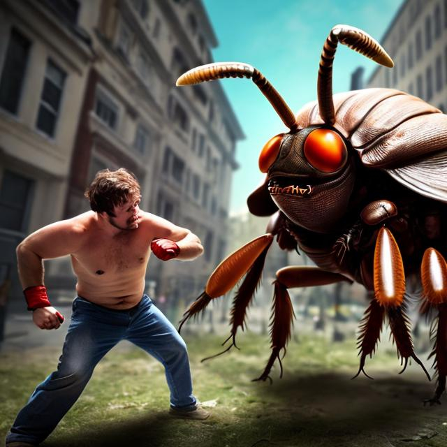 man fighting a giant cockroach | OpenArt